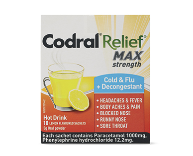 CODRAL RELIEF MAX COLD & FLU + DECONGESTANT HOT DRINK - Aldi ...